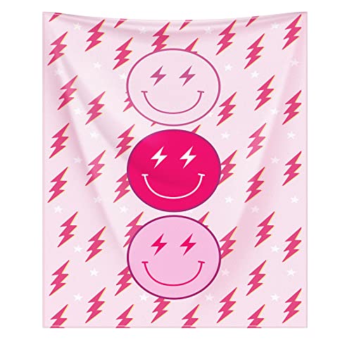 Preppy Blanket for Women Pink Aesthetic Room Decor Hot Pink Preppy Room Decor Aesthetic Smile Blanket Ultra Soft Throw Blankets Flannel Blanket for Bedding Sofa Girls Bedroom (50 x 40 Inch)