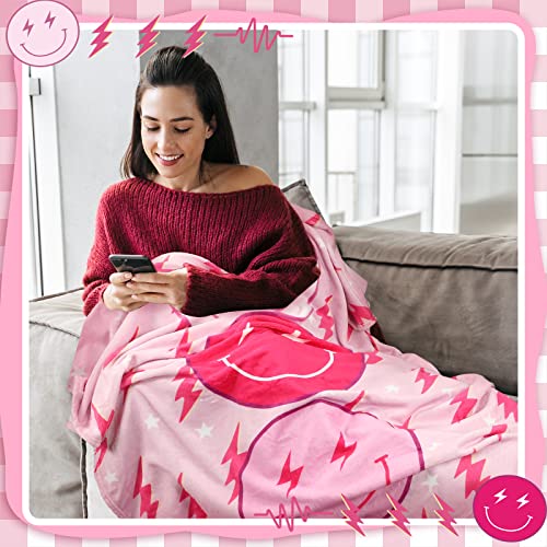 Preppy Blanket for Women Pink Aesthetic Room Decor Hot Pink Preppy Room Decor Aesthetic Smile Blanket Ultra Soft Throw Blankets Flannel Blanket for Bedding Sofa Girls Bedroom (50 x 40 Inch)