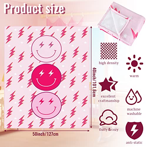 Preppy Blanket for Women Pink Aesthetic Room Decor Hot Pink Preppy Room Decor Aesthetic Smile Blanket Ultra Soft Throw Blankets Flannel Blanket for Bedding Sofa Girls Bedroom (50 x 40 Inch)