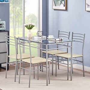 VECELO Kitchen Dining Room Table and Chairs 4, 5-Piece Dinette Sets, Space Saving (Silver), Silvery