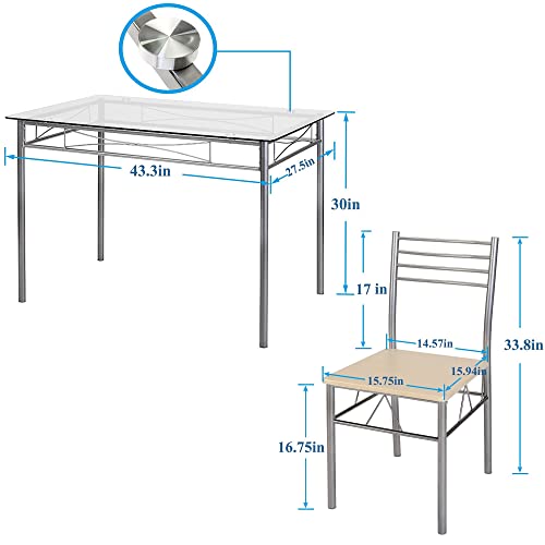 VECELO Kitchen Dining Room Table and Chairs 4, 5-Piece Dinette Sets, Space Saving (Silver), Silvery