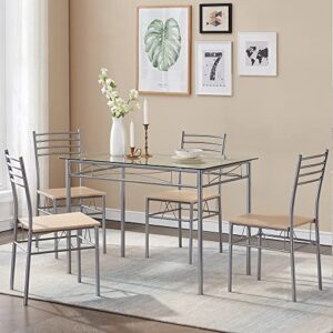 VECELO Kitchen Dining Room Table and Chairs 4, 5-Piece Dinette Sets, Space Saving (Silver), Silvery