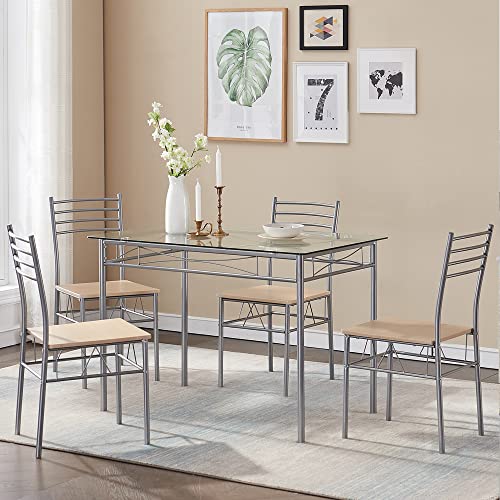 VECELO Kitchen Dining Room Table and Chairs 4, 5-Piece Dinette Sets, Space Saving (Silver), Silvery