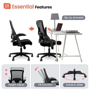 neo chair High Back Mesh Chair Adjustable Height and Ergonomic Design Home Office Computer Desk Chair Executive Lumbar Support Padded Flip-up Armrest Swivel Chair (Black)