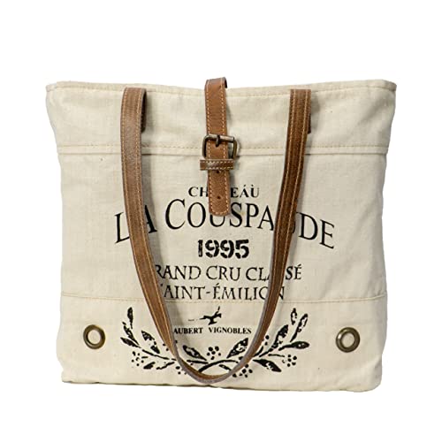 NATURALS EXPORT La Couspaude Upcycled Canvas Bag White Tote Bag Leather Tote Canvas Bag