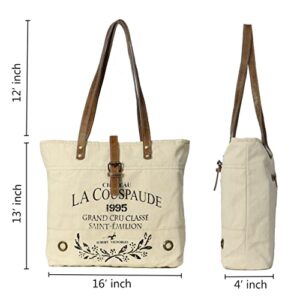 NATURALS EXPORT La Couspaude Upcycled Canvas Bag White Tote Bag Leather Tote Canvas Bag