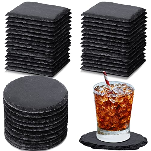 48 Pieces Square Round Slate Coasters Bulk, 4 Inch Drink Coasters Black Coasters Slate Stone Bar Coasters Cup Coaster for Drinks Table Bar Kitchen Home