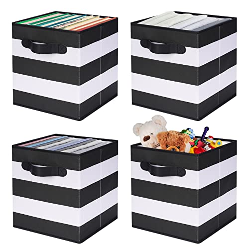 Livememory Decorative Cube Storage Bins, Black and White Storage Cubes Striped Cubes Bins for Cube Organizers Nursery Closet Bedroom, 11"x11"x11", 4 Packs