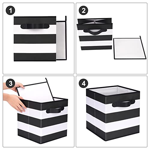 Livememory Decorative Cube Storage Bins, Black and White Storage Cubes Striped Cubes Bins for Cube Organizers Nursery Closet Bedroom, 11"x11"x11", 4 Packs