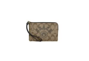 coach corner zip wristlet in signature canvas (im/khaki/amazon green)