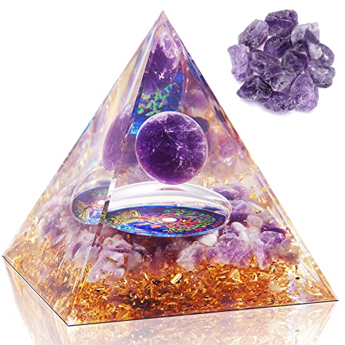 Orgone Pyramid - Orgonite Healing Amethyst Crystal Sphere with Reiki Obsidian Protection Handmade Pyramids Valentines Day Gift Home Office Decor Positive Energy for Balancing (Amethyst+Tree Of Life)