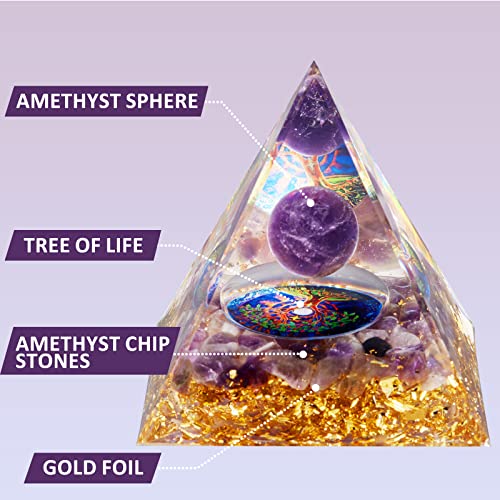 Orgone Pyramid - Orgonite Healing Amethyst Crystal Sphere with Reiki Obsidian Protection Handmade Pyramids Valentines Day Gift Home Office Decor Positive Energy for Balancing (Amethyst+Tree Of Life)