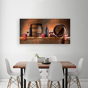 Muolunna BK06250 Wall Art Canvas Print Fruit Grape Red Wine with Bottle Barrel Painting on Canvas Stretched and Framed Ready to Hang for Home Decor Living Room Bedroom Kitchen Office Artwork