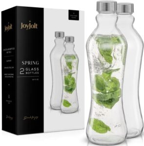 joyjolt glass water bottles – 2pc glass water bottle set. 32 oz water bottles, clear glass bottles with lids (stainless steel, leakproof seal). 1 liter water bottles for juicing or iced tea bottle