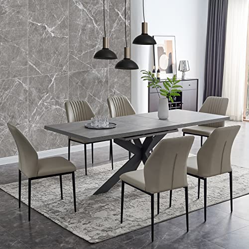 Expandable Dining Table Set for 6-8 Seat, Rectangular Modern Kitchen Thicker Top, 6 Faux Leather Dining Chairs and Non-Slip Pad, Extendable 63'' to 79'' with Extension Leaf for Kitchen Restaurant