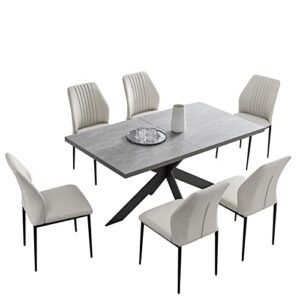 Expandable Dining Table Set for 6-8 Seat, Rectangular Modern Kitchen Thicker Top, 6 Faux Leather Dining Chairs and Non-Slip Pad, Extendable 63'' to 79'' with Extension Leaf for Kitchen Restaurant