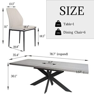 Expandable Dining Table Set for 6-8 Seat, Rectangular Modern Kitchen Thicker Top, 6 Faux Leather Dining Chairs and Non-Slip Pad, Extendable 63'' to 79'' with Extension Leaf for Kitchen Restaurant