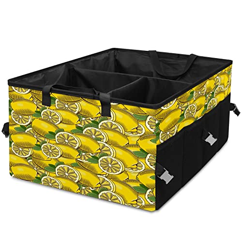 Car Trunk Organizer Yellow Lemon Back Seat Big Size Car Storage Bag with Detachable Dividers Car Accessories Portable Collapsible Trunk Cargo Organizer Grocery Box for SUV