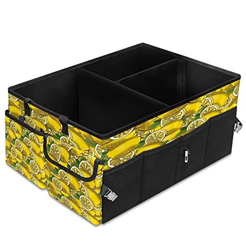 Car Trunk Organizer Yellow Lemon Back Seat Big Size Car Storage Bag with Detachable Dividers Car Accessories Portable Collapsible Trunk Cargo Organizer Grocery Box for SUV