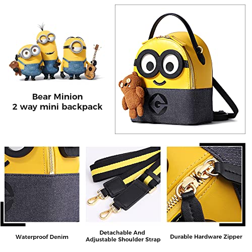 Fion x Minions Mini Backpack for Women Leather Small Backpack Purse Fashion Shoulder Bag (Minion With Bear)