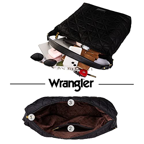 Wrangler Quilted Hobo Shoulder Bag for Women Black Nylon Crossbody Purse Lightweight Soft Handbag with Zipper,WG39-918 BK