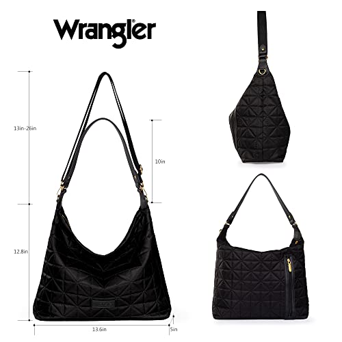 Wrangler Quilted Hobo Shoulder Bag for Women Black Nylon Crossbody Purse Lightweight Soft Handbag with Zipper,WG39-918 BK