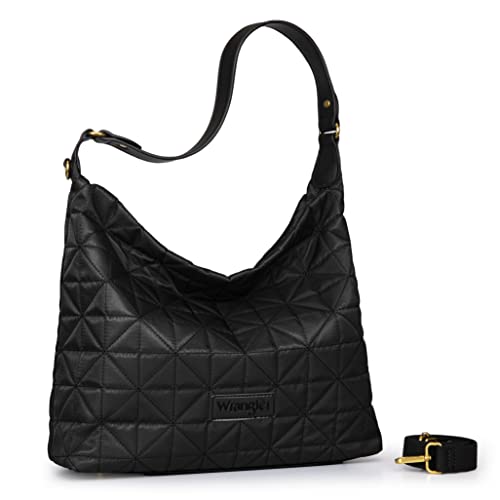 Wrangler Quilted Hobo Shoulder Bag for Women Black Nylon Crossbody Purse Lightweight Soft Handbag with Zipper,WG39-918 BK