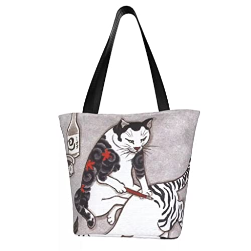 WYKD Women Canvas Bag Large Capacity Tote Funny Cats Printed Shoulder Bags Handbag Eco Cloth Fabric Shopping Bags for Girls