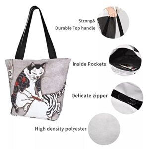 WYKD Women Canvas Bag Large Capacity Tote Funny Cats Printed Shoulder Bags Handbag Eco Cloth Fabric Shopping Bags for Girls