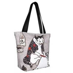 WYKD Women Canvas Bag Large Capacity Tote Funny Cats Printed Shoulder Bags Handbag Eco Cloth Fabric Shopping Bags for Girls