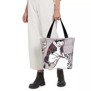 WYKD Women Canvas Bag Large Capacity Tote Funny Cats Printed Shoulder Bags Handbag Eco Cloth Fabric Shopping Bags for Girls