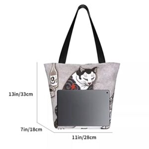 WYKD Women Canvas Bag Large Capacity Tote Funny Cats Printed Shoulder Bags Handbag Eco Cloth Fabric Shopping Bags for Girls