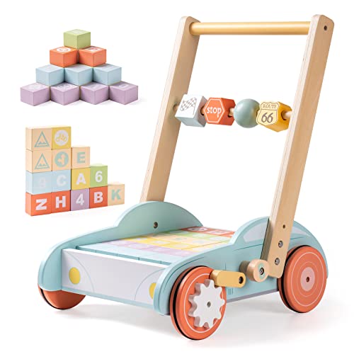 ROBOTIME Wooden Baby Walkers Push Toys for Baby Girls Boys 10 Month +, Adjustable Speed Push and Pull Learning Walker Activity Toys for Toddler 1 2 3 Yrs Old