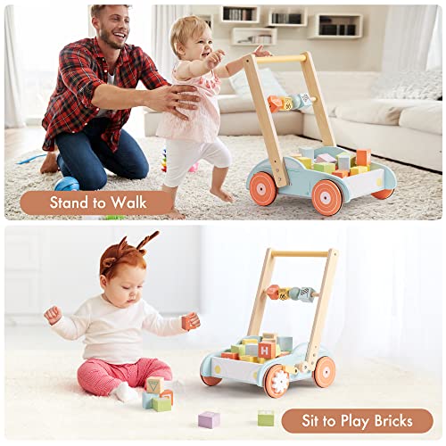 ROBOTIME Wooden Baby Walkers Push Toys for Baby Girls Boys 10 Month +, Adjustable Speed Push and Pull Learning Walker Activity Toys for Toddler 1 2 3 Yrs Old