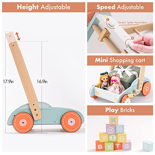 ROBOTIME Wooden Baby Walkers Push Toys for Baby Girls Boys 10 Month +, Adjustable Speed Push and Pull Learning Walker Activity Toys for Toddler 1 2 3 Yrs Old