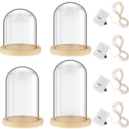 4 Pcs Clear Glass Dome Cloche with Wood Base and LED Fairy Light Set, Battery Operated Glass Cloche Glass Dome with Base Tabletop Bell Jar Display Case for Home Office Wedding Centerpiece Rose Flower