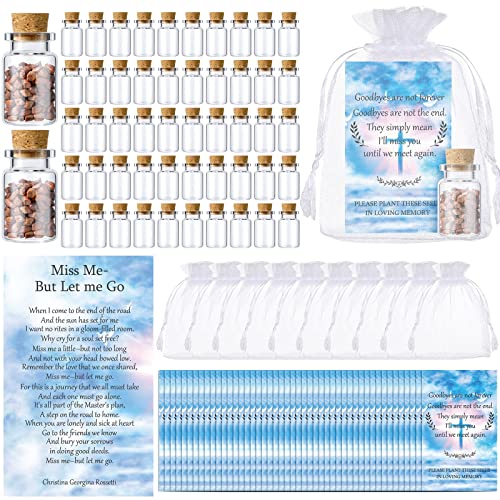 50 Sets Funeral Favors Set 50 Pcs Celebration of Life Prayer Cards for Memorial 50 Pcs Seeds Glass Bottles with Cork Stopper 50 Pcs Organza Bags for Funeral Bereavement Loss of Loved One