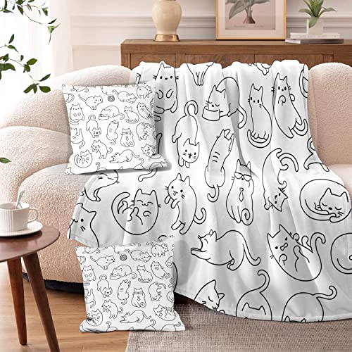 BEDMUST 3 PCS White Cat Blanket with 2 Pillow Covers Painting Pet Cat Pattern Throw Blanket Soft Warm Cozy Fuzzy Kitty Throw Blanket 50x60 Inches & 2 Cushion Covers