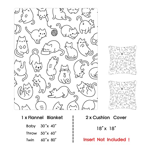 BEDMUST 3 PCS White Cat Blanket with 2 Pillow Covers Painting Pet Cat Pattern Throw Blanket Soft Warm Cozy Fuzzy Kitty Throw Blanket 50x60 Inches & 2 Cushion Covers