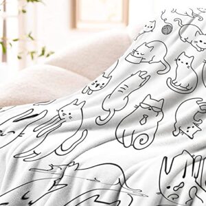 BEDMUST 3 PCS White Cat Blanket with 2 Pillow Covers Painting Pet Cat Pattern Throw Blanket Soft Warm Cozy Fuzzy Kitty Throw Blanket 50x60 Inches & 2 Cushion Covers