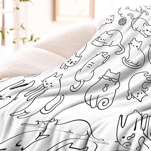 BEDMUST 3 PCS White Cat Blanket with 2 Pillow Covers Painting Pet Cat Pattern Throw Blanket Soft Warm Cozy Fuzzy Kitty Throw Blanket 50x60 Inches & 2 Cushion Covers