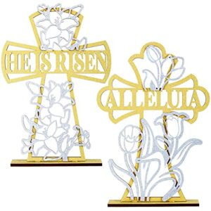 2 pcs easter decorations jesus cross sign table centerpieces gold he is risen cross wood tabletop 11in alleluia flower christians table set decor for easter tabletop home indoor outdoor spring decor