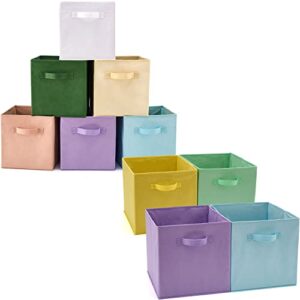 ezoware set of 10 fabric basket bins, assorted color collapsible organizer storage cube with handles for home, bedroom, baby nursery, kids playroom toys – 13″x15″x13″ + 10.5″x 10.5″x 11″