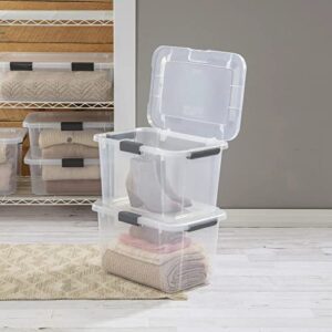 30 Qt. Plastic Storage Box Tote Organizing Container With Durable Lid , Stackable and Nestable Snap Lid Plastic Storage Bin, 6 Pack, Clear With Gray Buckle