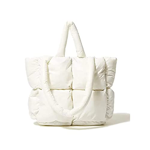 LMKIDS Large Puffer Tote Bag, Winter Soft Puffer Down Padding Shoulder Bags,Trendy Luxury Quilted Padded Handbags for Women (White)