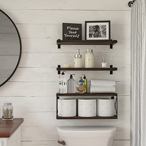 WOPITUES Floating Shelves Wall Mounted, Wood Bathroom Shelves with Extra Storage Shelf, Rustic Wall Shelves for Bathroom, Bedroom, Kitchen, Living Room, Plants - Rustic Brown