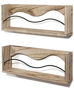 sapowerntus wood book shelves wall mounted, rustic nursery magazine holder organizer vinyl record rack with curve rail wave design, wall bookshelf home room office decor, set of 2