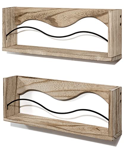 Sapowerntus Wood Book Shelves Wall Mounted, Rustic Nursery Magazine Holder Organizer Vinyl Record Rack with Curve Rail Wave Design, Wall Bookshelf Home Room Office Decor, Set of 2