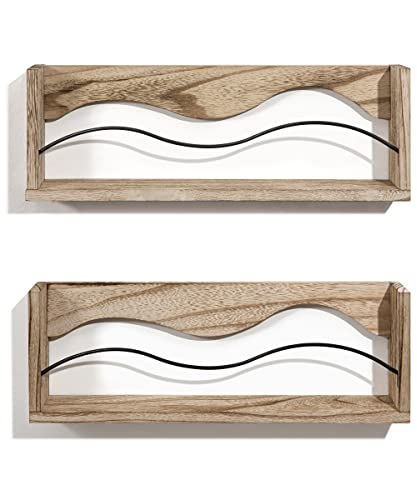 Sapowerntus Wood Book Shelves Wall Mounted, Rustic Nursery Magazine Holder Organizer Vinyl Record Rack with Curve Rail Wave Design, Wall Bookshelf Home Room Office Decor, Set of 2