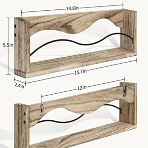 Sapowerntus Wood Book Shelves Wall Mounted, Rustic Nursery Magazine Holder Organizer Vinyl Record Rack with Curve Rail Wave Design, Wall Bookshelf Home Room Office Decor, Set of 2